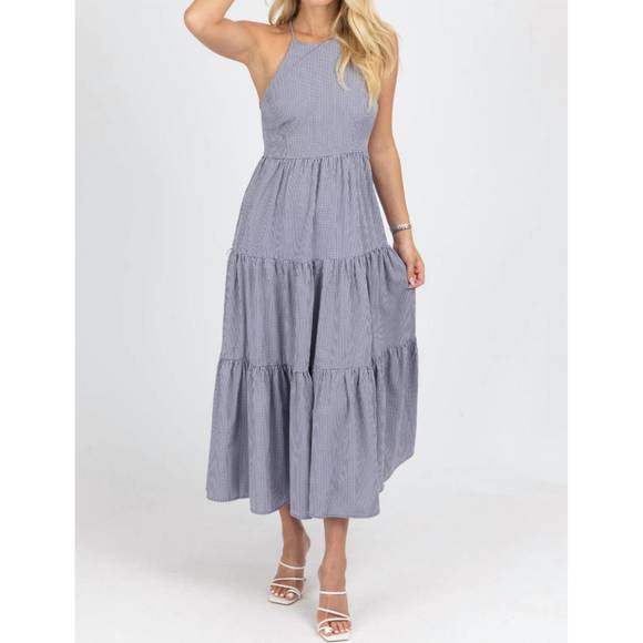 Fore | Dresses | New Fore Gingham Tiered Open Back Maxi Dress In Navy ...